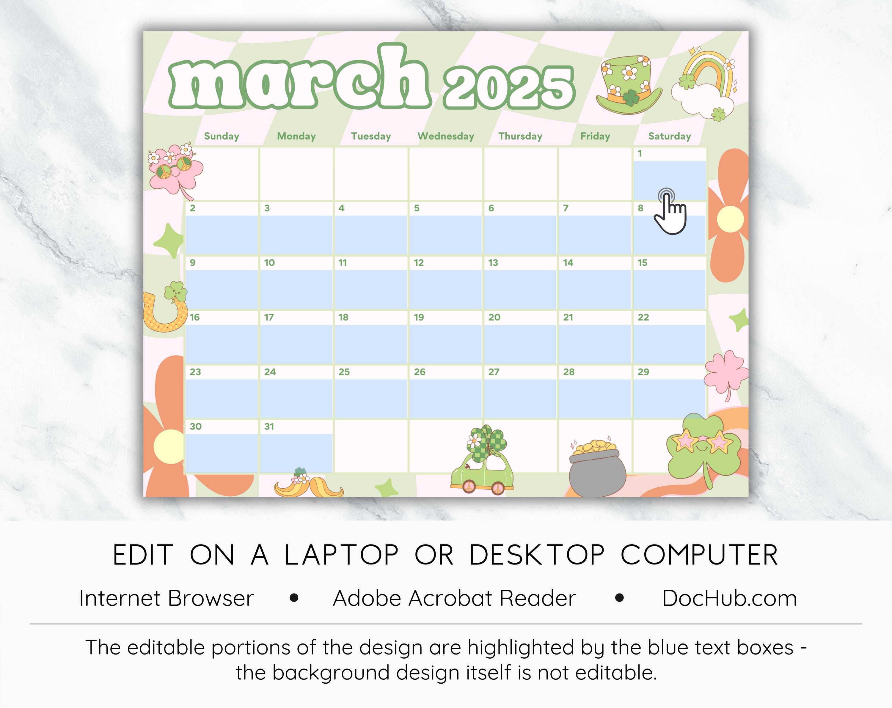 Editable March 2025 Calendar Printable, Retro March 2025 Printable ...
