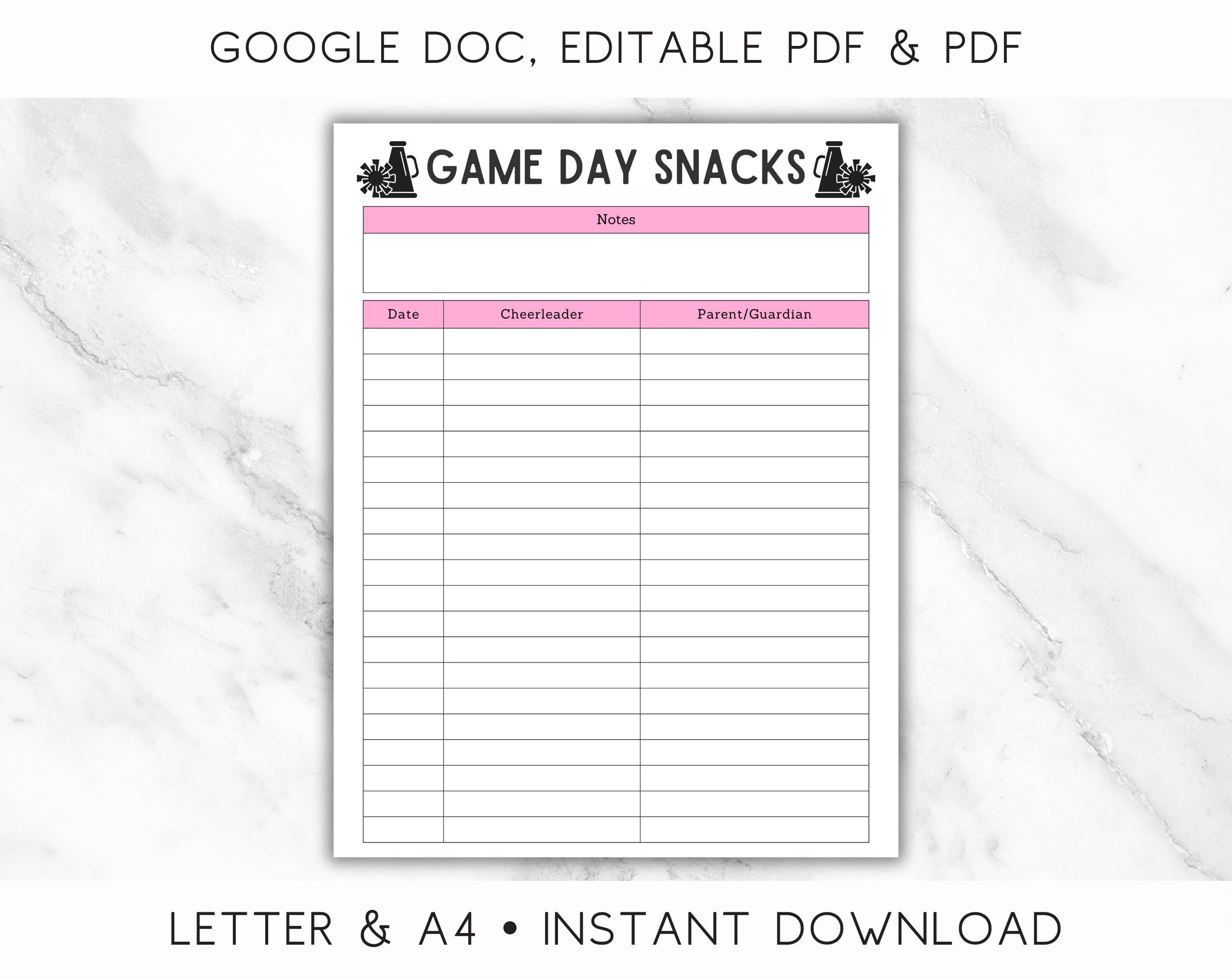 Editable Cheer Snack Sign up Sheet, Editable PDF & Google Doc, Game Day ...