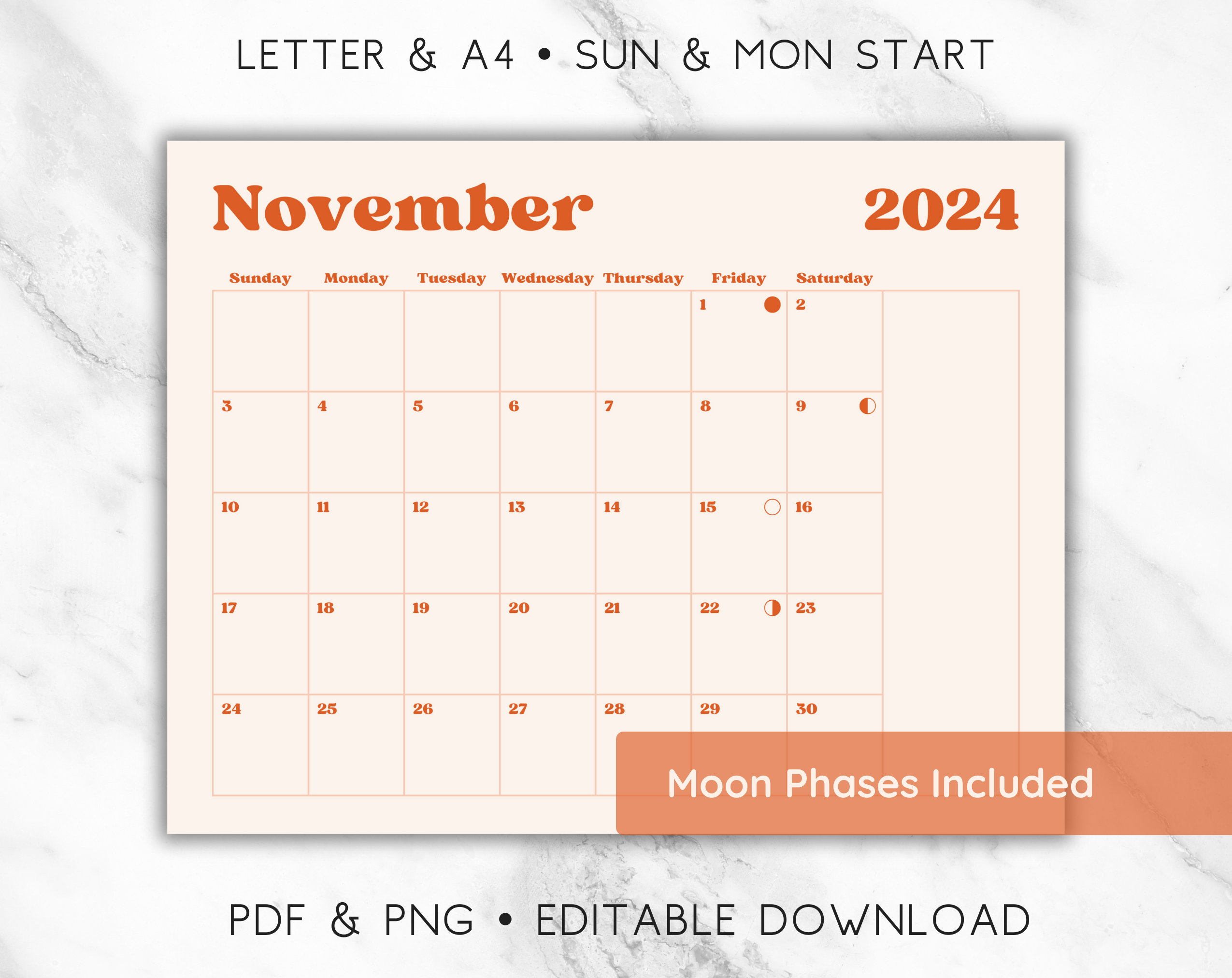 Editable November 2024 Calendar Printable With Moon Phases, Letter, A4 ...
