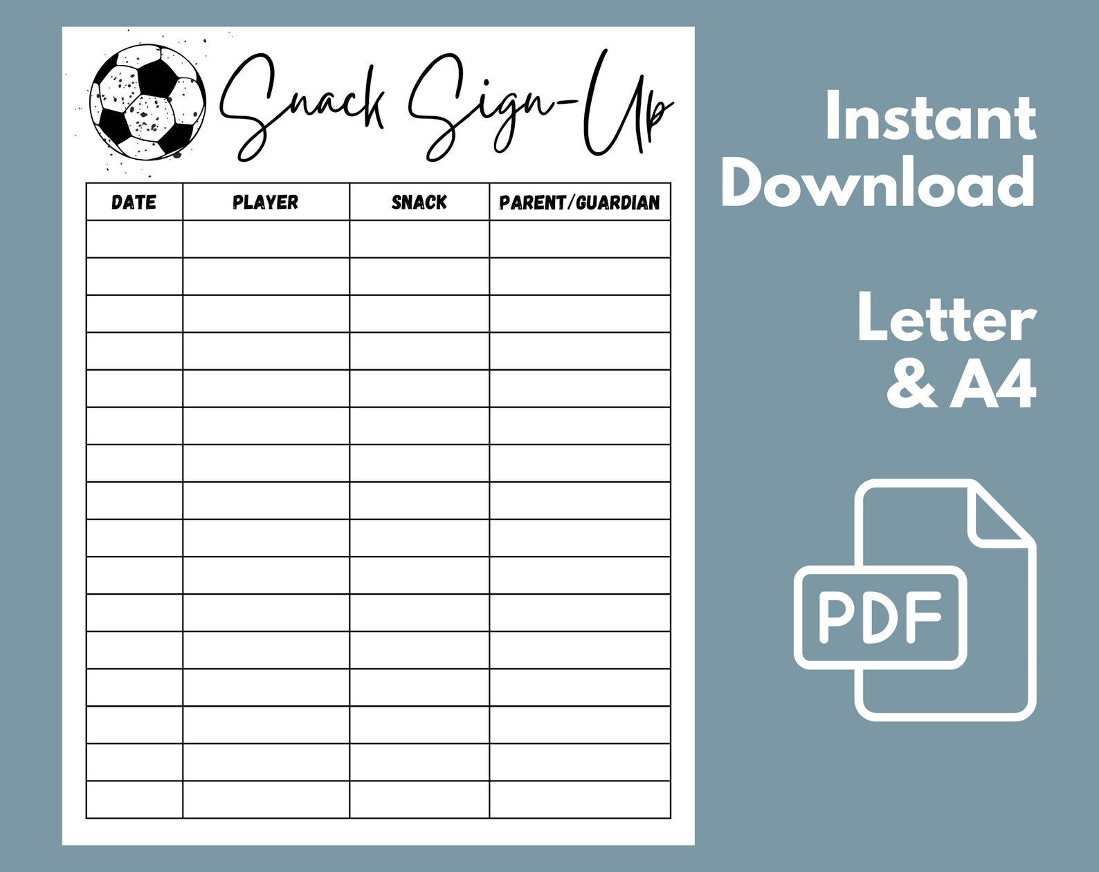 Soccer Snack Sign up Sheet, Team Snack Sign Up, Letter, Instant ...