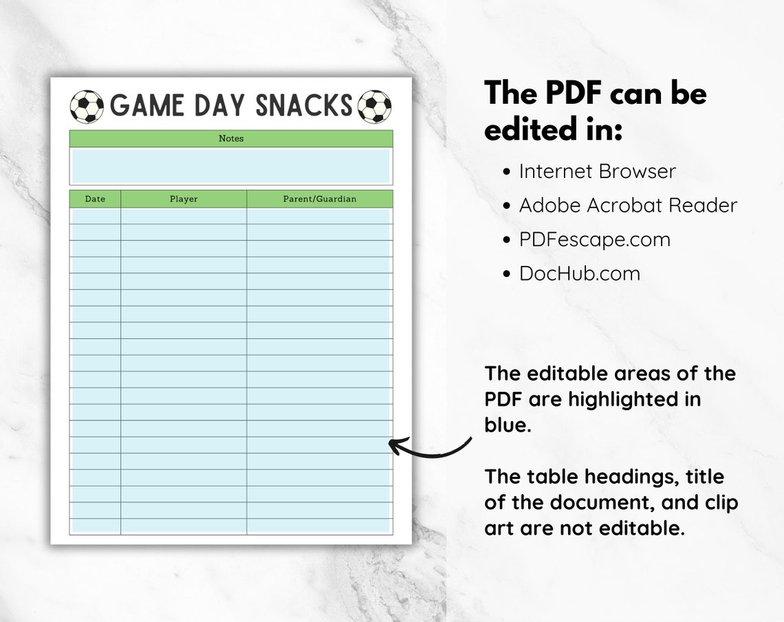 Editable Soccer Snack Sign up Sheet, Game Day Snacks Sign up Sheet ...