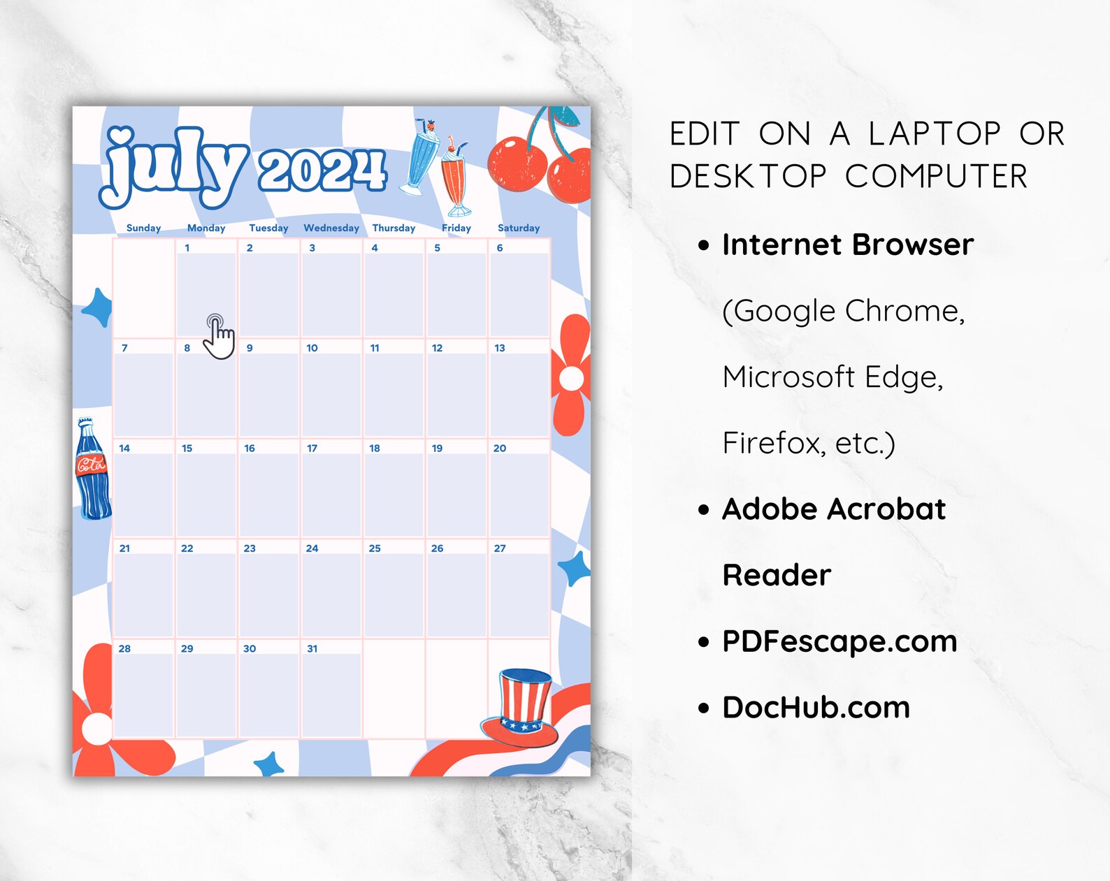 Editable July 2024 Calendar Printable, Retro July 2024 Printable ...