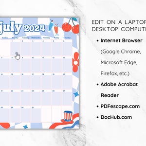 Editable July 2024 Calendar Printable, Retro July 2024 Printable ...