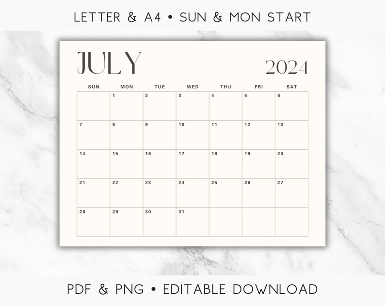 Editable July 2024 Calendar Printable, Simple Modern July 2024 ...