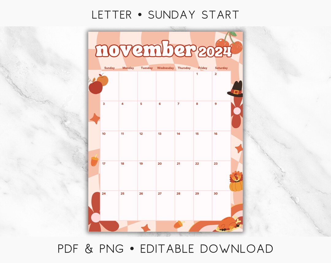 Editable November 2024 Calendar Printable, Retro November 2024 ...