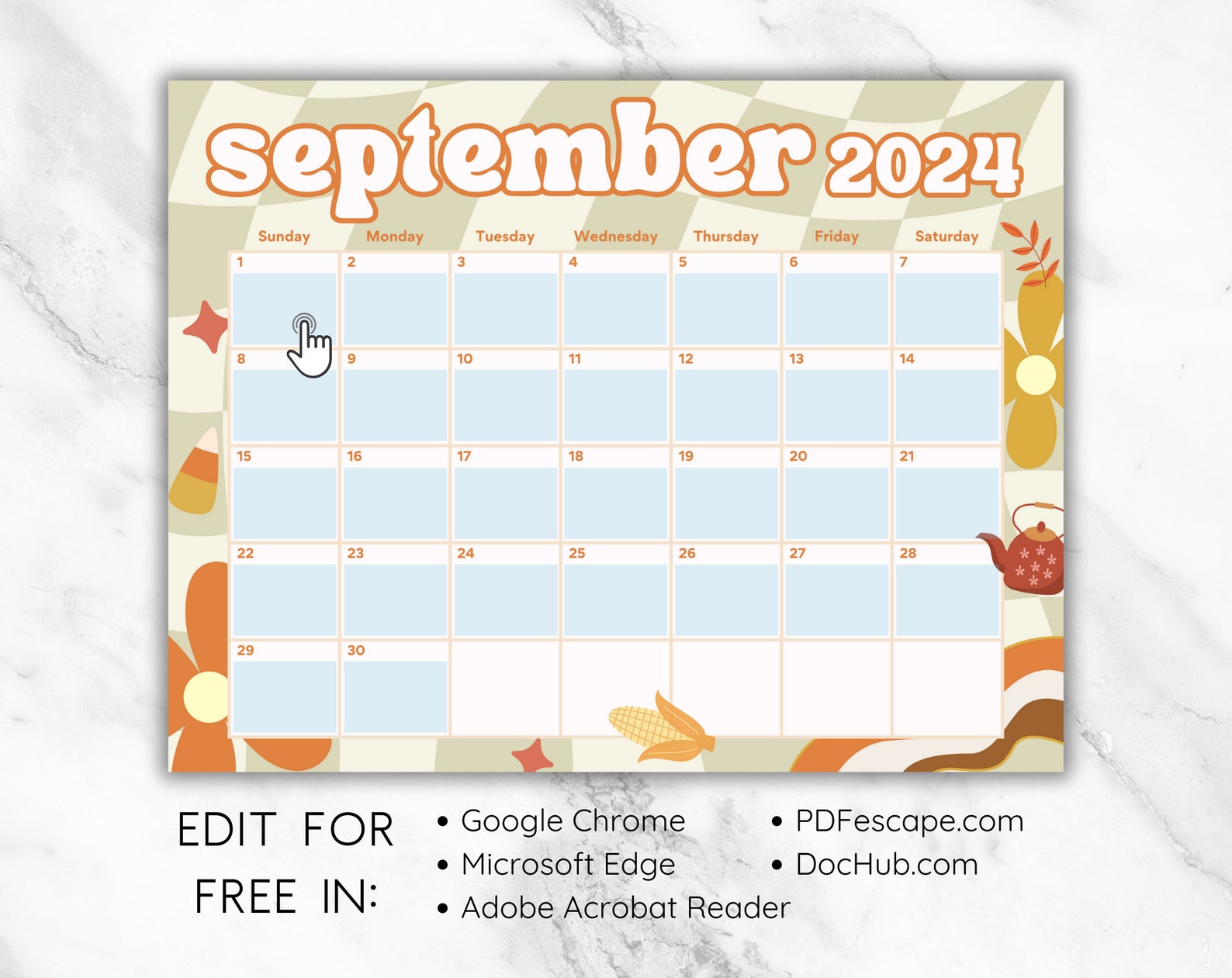 Editable September 2024 Calendar Printable, Retro September 2024 ...