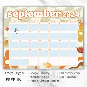 Editable September 2024 Calendar Printable, Retro September 2024 ...