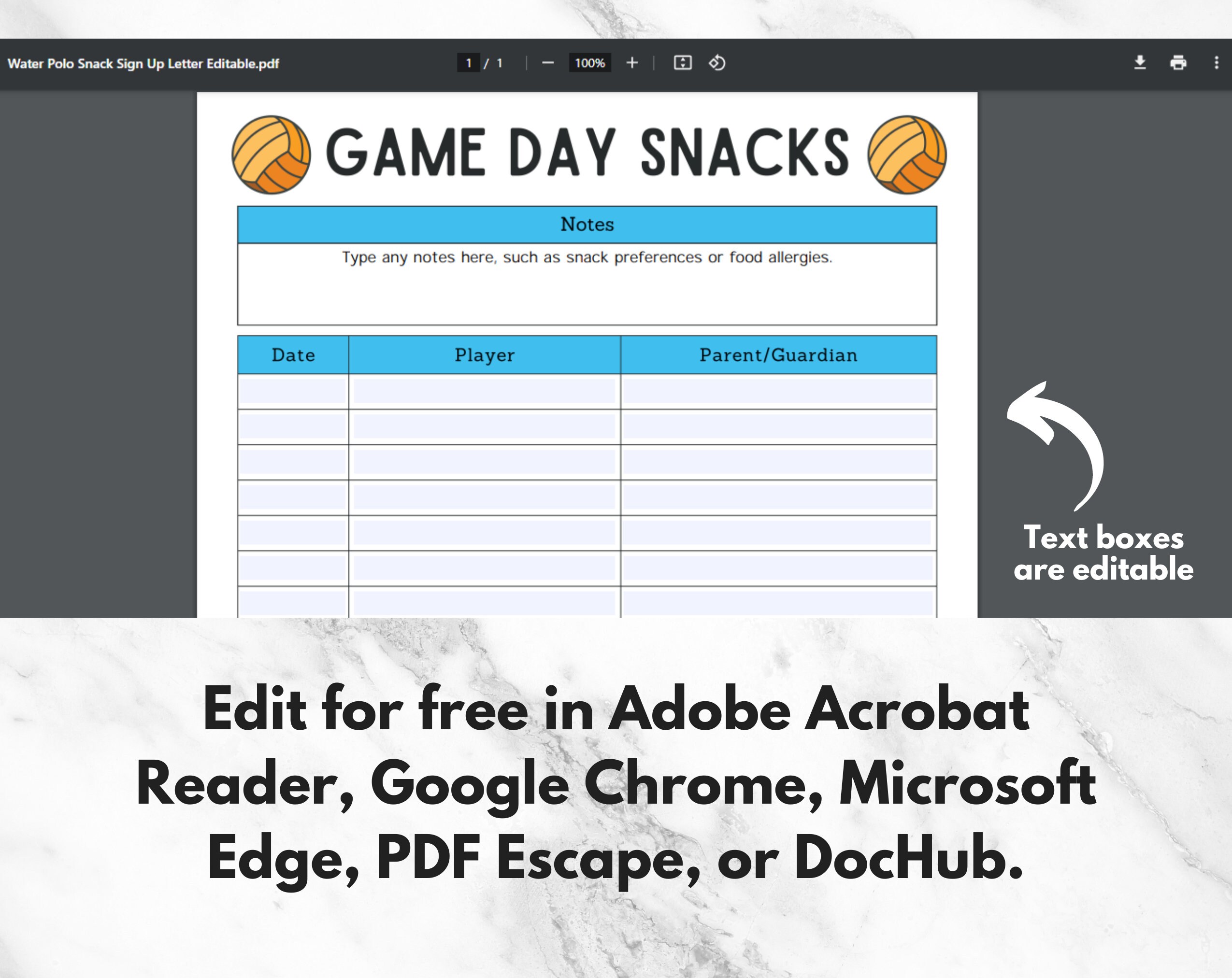 Editable Water Polo Snack Sign up Sheet Game Day Snack Sign - Etsy