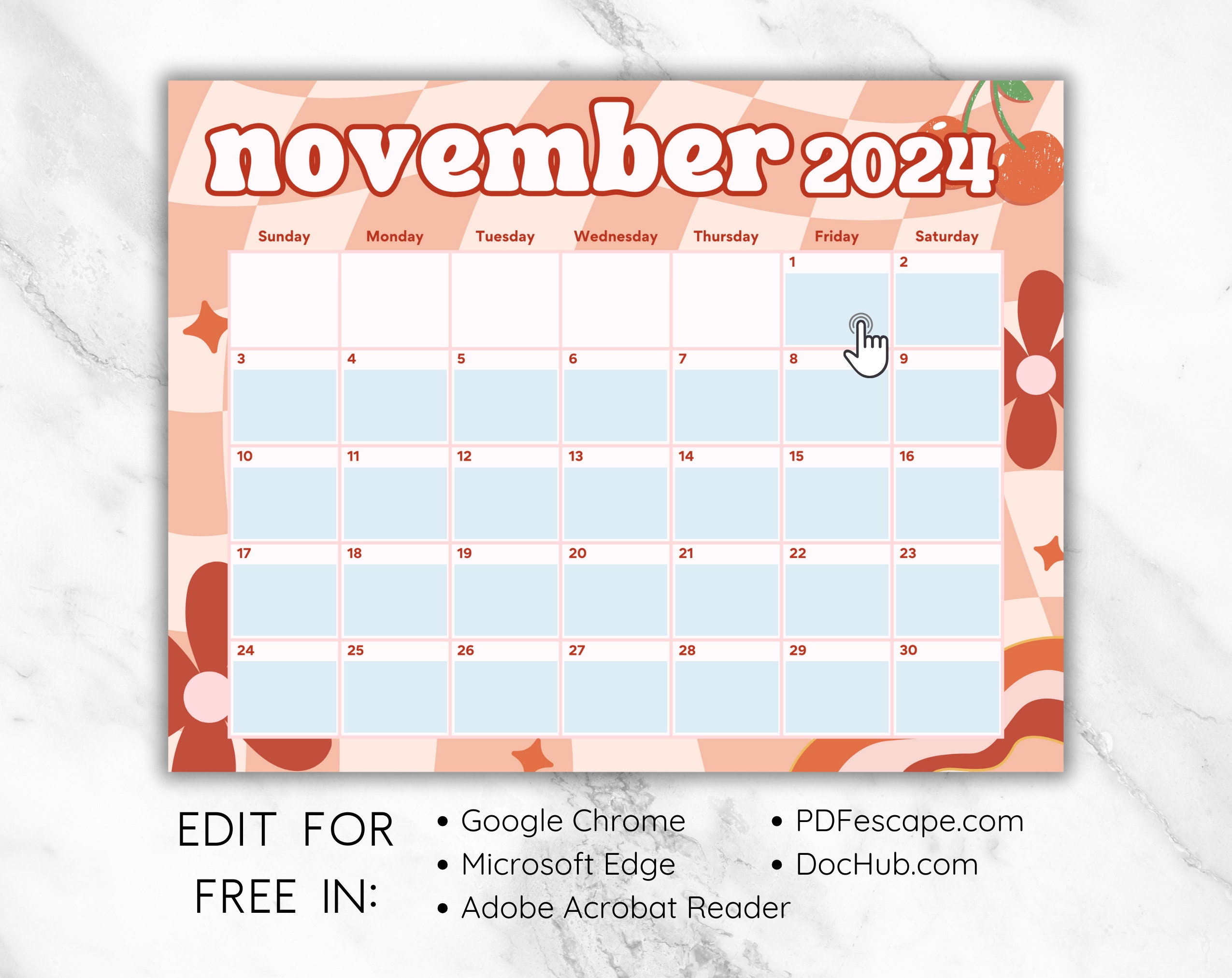 Editable November 2024 Calendar Printable, Retro November 2024 ...