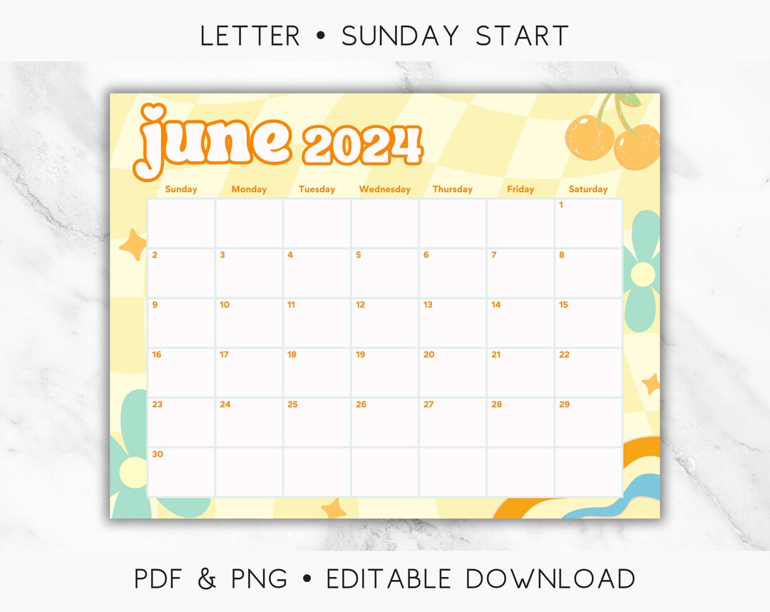 Editable June 2024 Calendar Printable, Retro June 2024 Printable ...