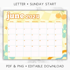 Editable June 2024 Calendar Printable, Retro June 2024 Printable ...