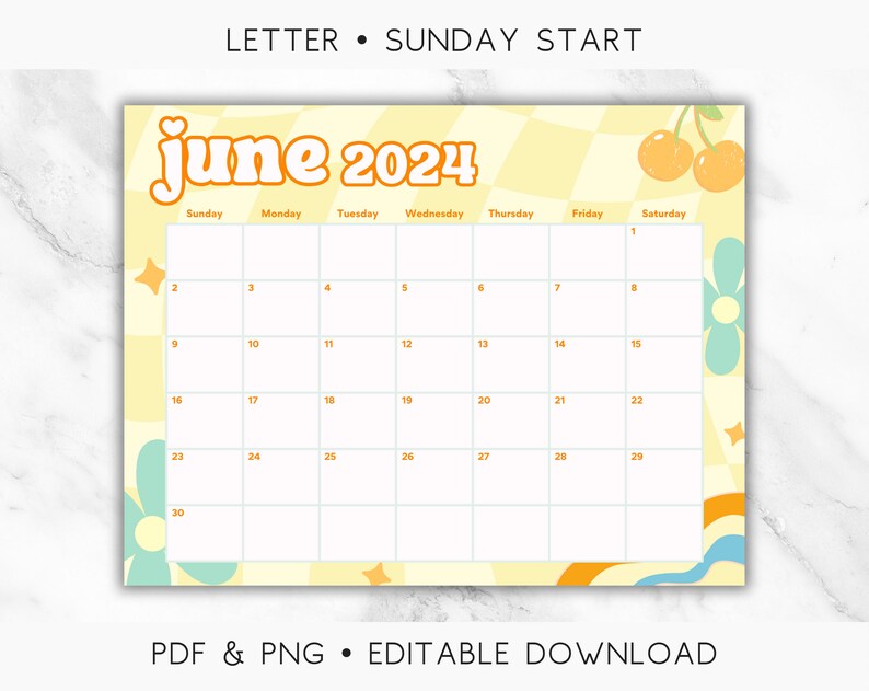 Editable June 2024 Calendar Printable, Retro June 2024 Printable ...