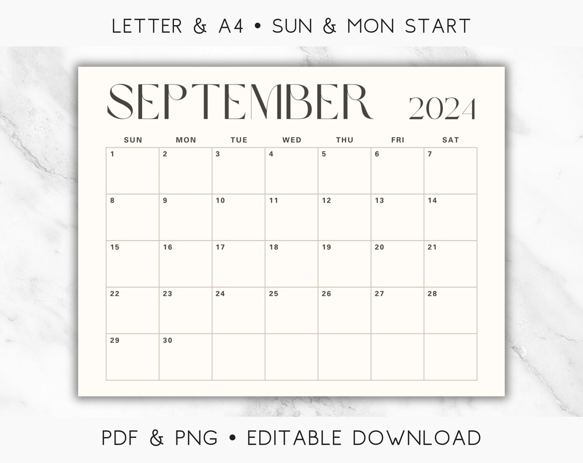 Editable September 2024 Calendar Printable, Simple Modern September ...