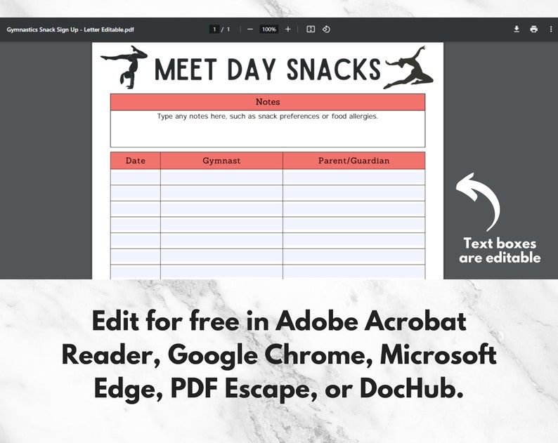Editable Gymnastics Snack Sign up Sheet Game Day Snacks Sign - Etsy