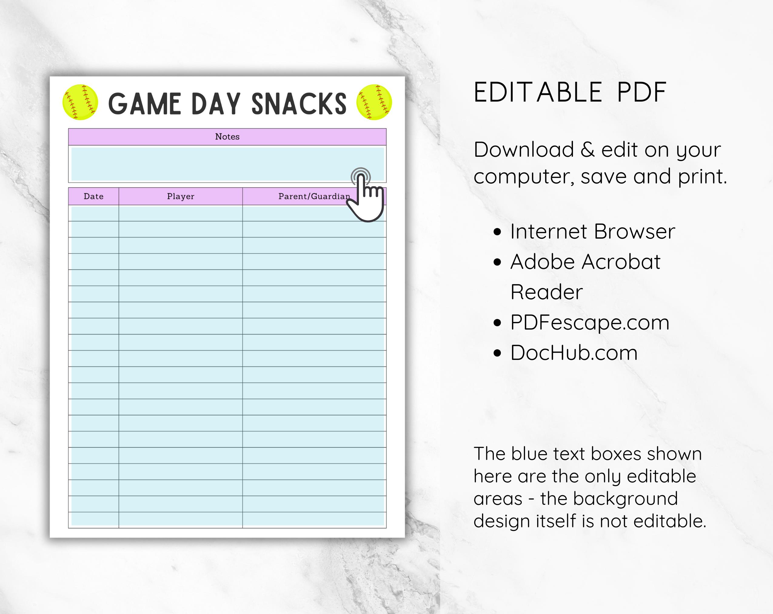 Editable Softball Snack Sign up Sheet, Editable PDF & Google Doc, Game ...