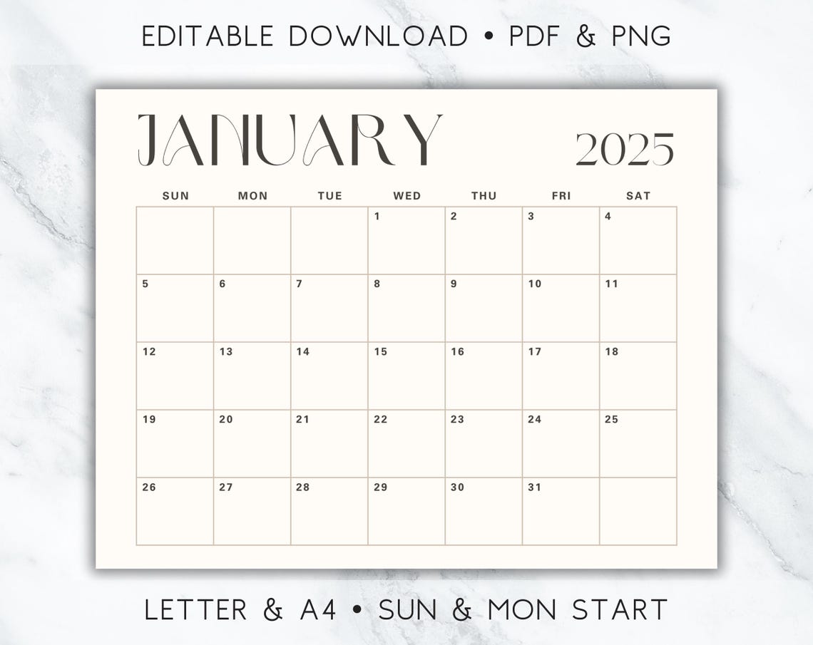 Editable January 2025 Calendar Printable, Simple Modern January 2025 ...