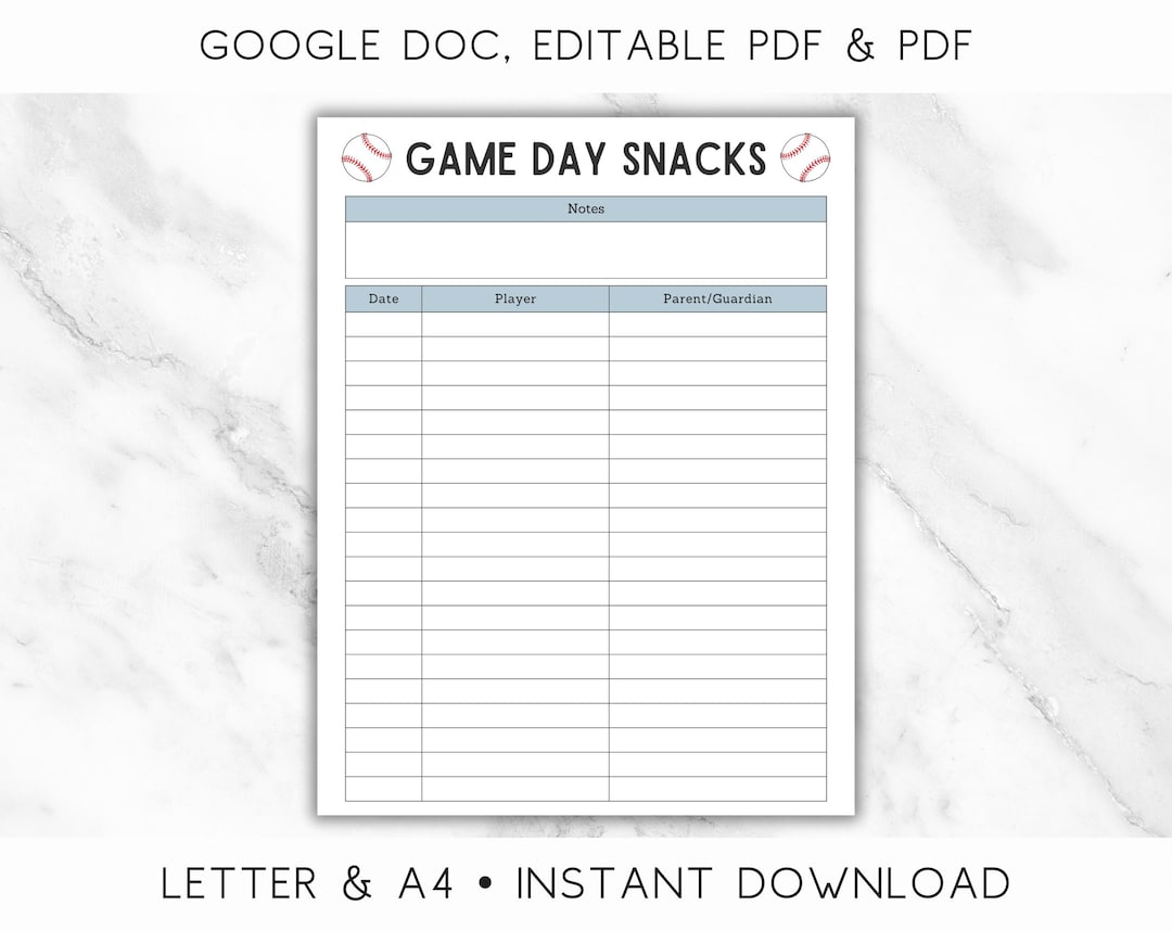 Editable Baseball Snack Sign up Sheet, Editable PDF & Google Doc, Game ...