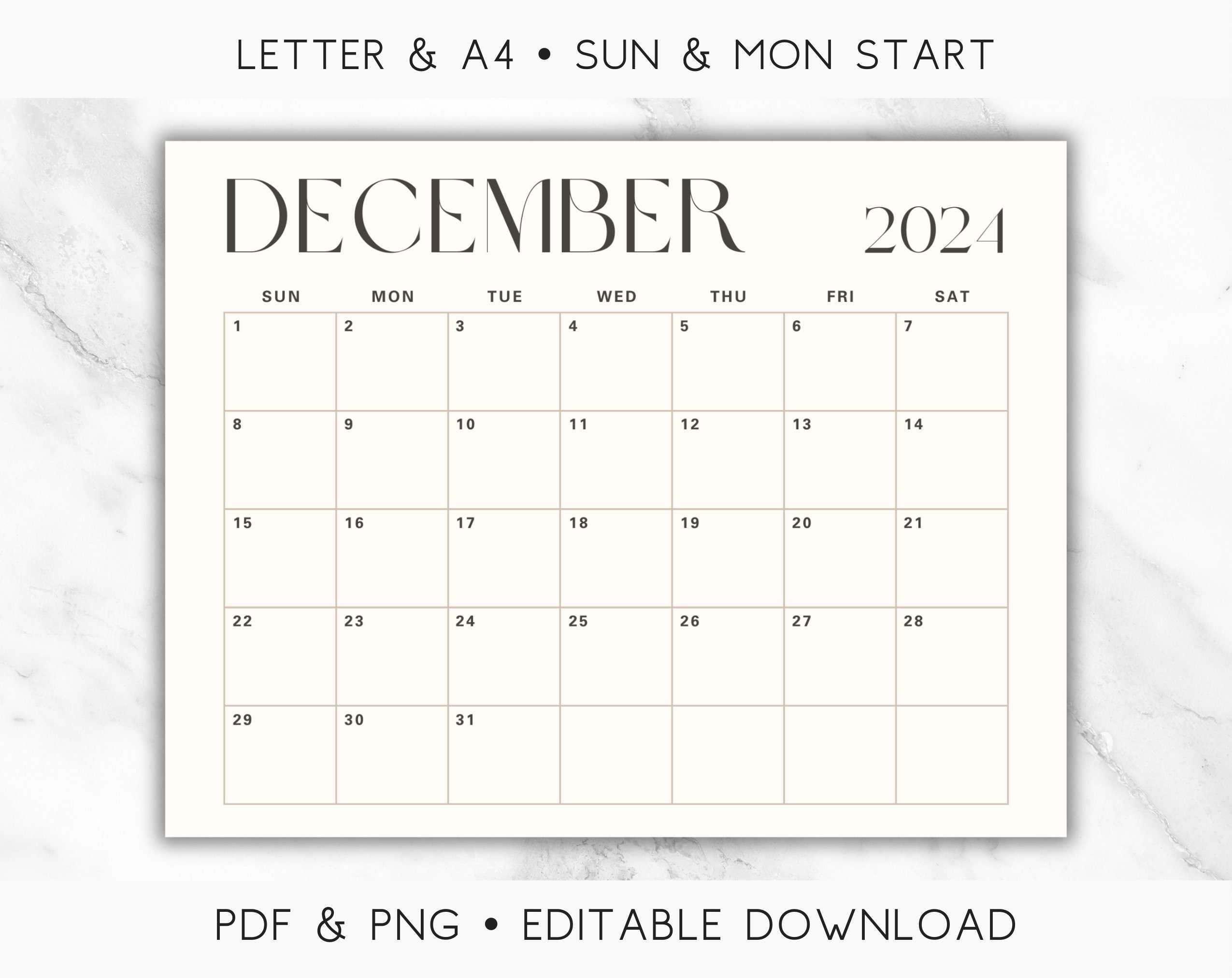 Editable December 2024 Calendar Printable, Simple Modern December 2024 ...
