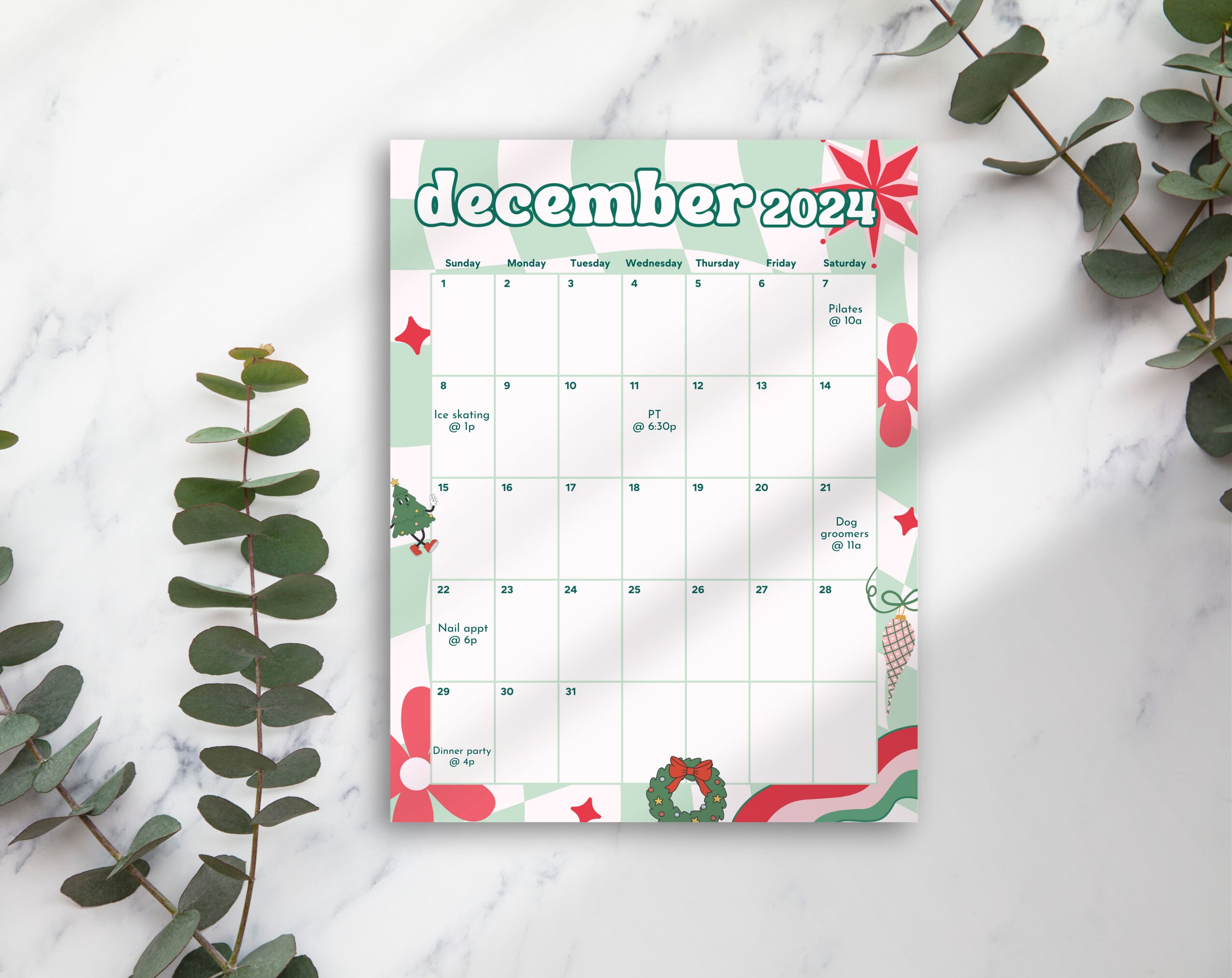 Editable December 2024 Calendar Printable, Retro December 2024 ...