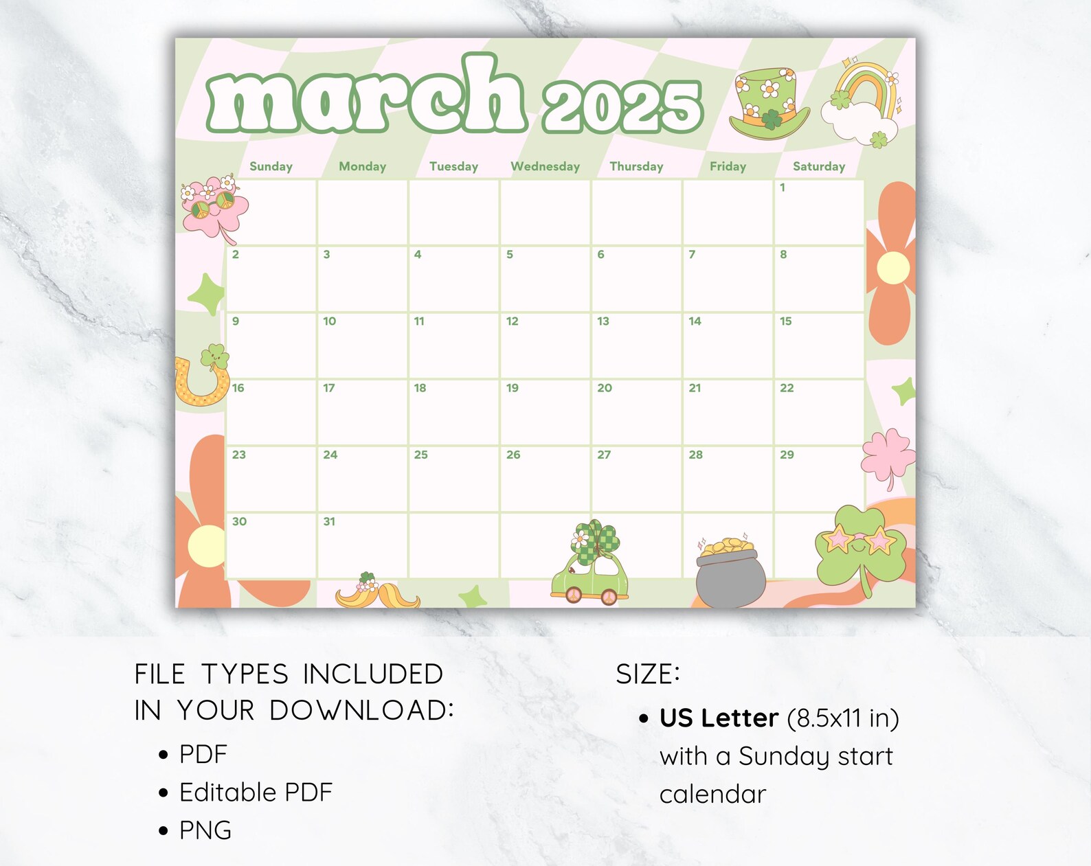 Editable March 2025 Calendar Printable, Retro March 2025 Printable ...
