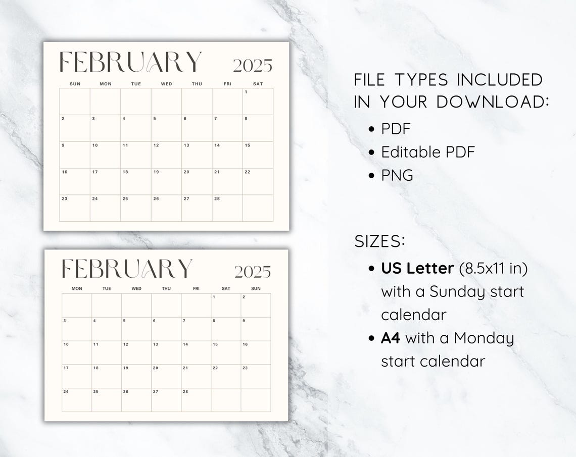 Editable February 2025 Calendar Printable, Retro February 2025 ...