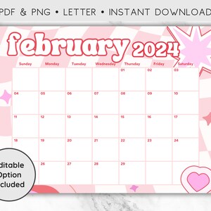EDITABLE February 2024 Calendar Printable, Retro February 2024 ...