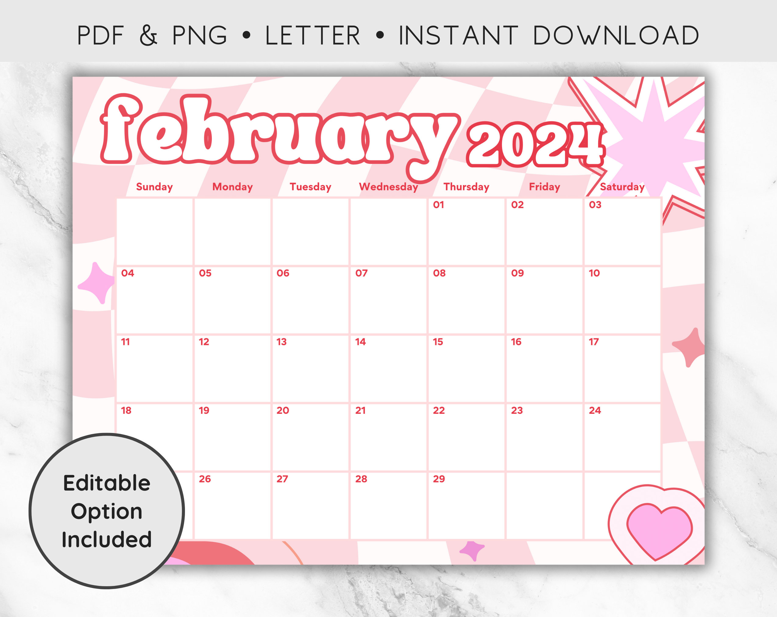 EDITABLE February 2024 Calendar Printable, Retro February 2024 ...