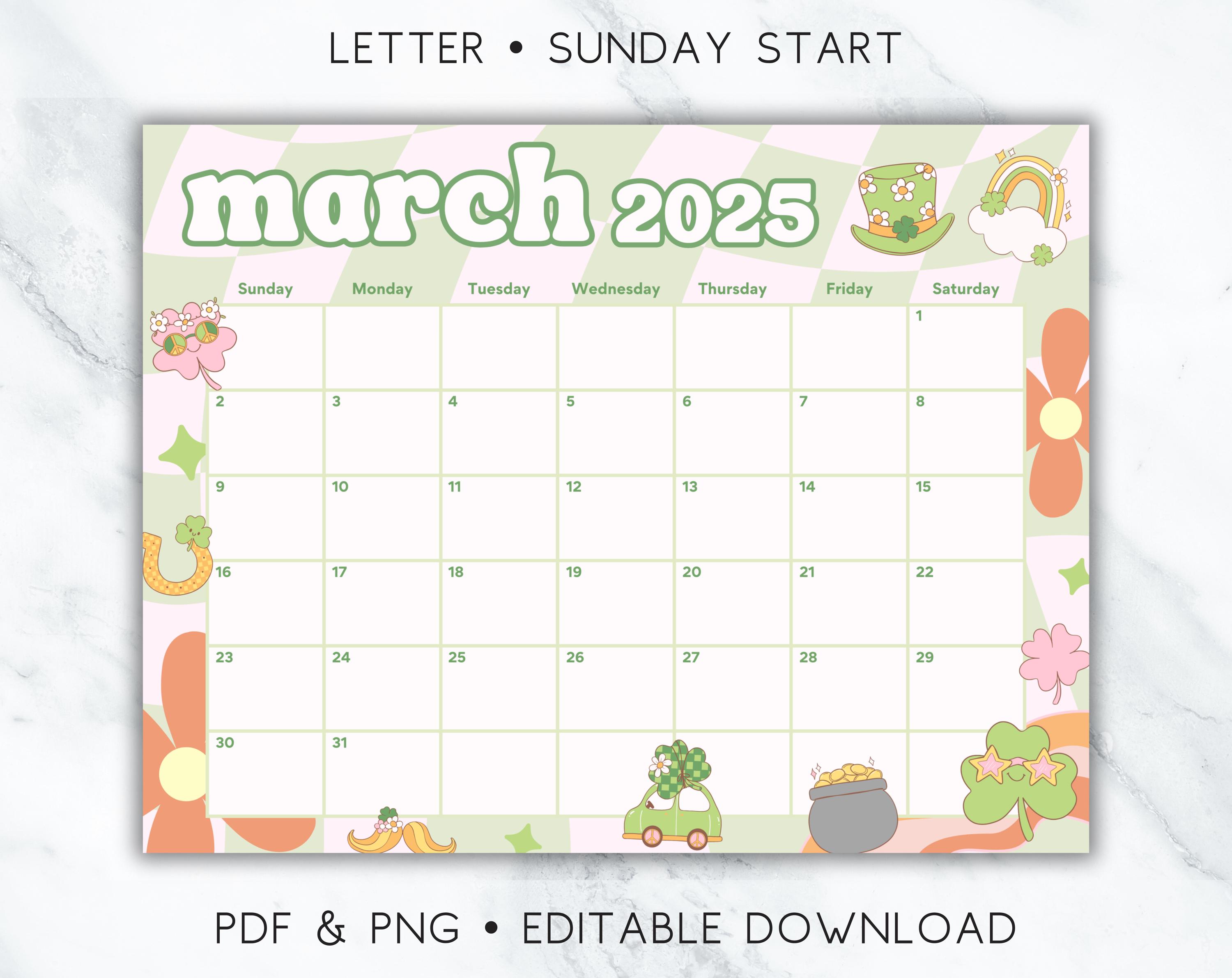Editable March 2025 Calendar Printable, Retro March 2025 Printable ...