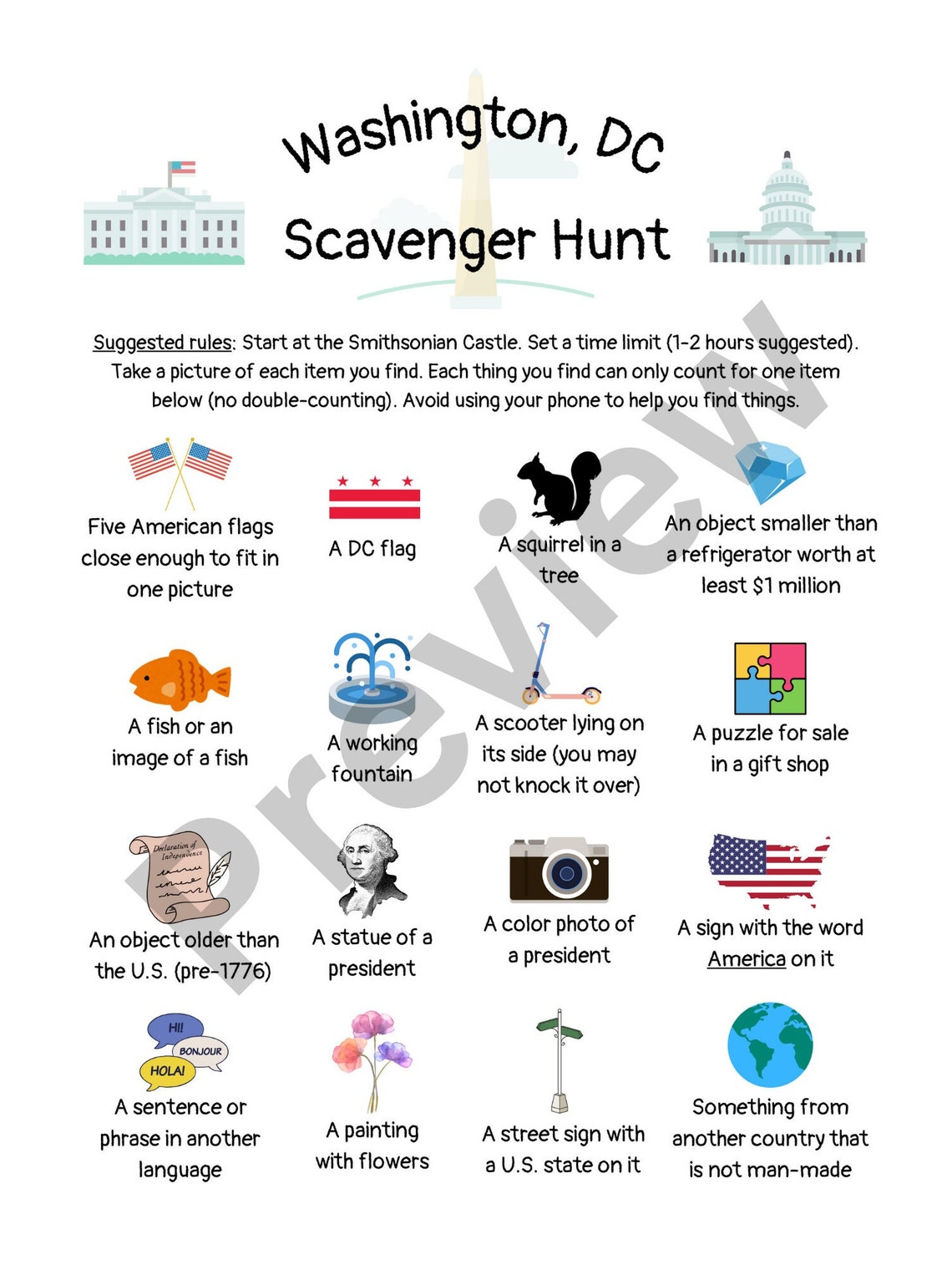 Washington DC Scavenger Hunt Game for Adults | Printable Instant ...