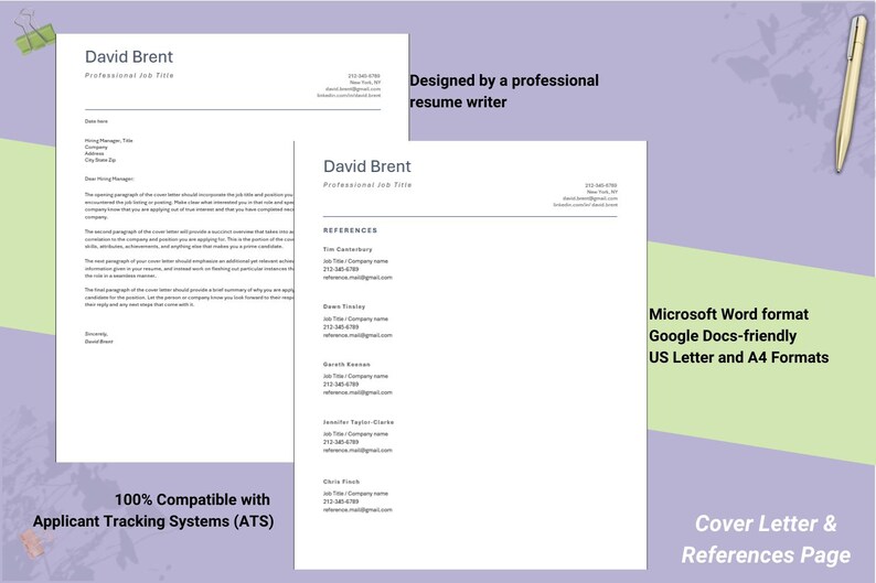 ATS Friendly Resume Template for Microsoft Word and Google Docs, Cover ...