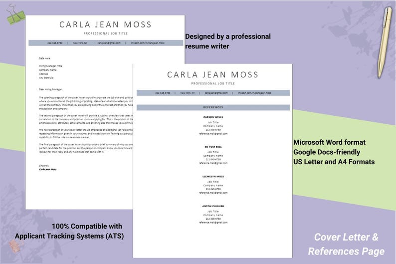 ATS Friendly Resume Template for Microsoft Word and Google Docs, Cover ...