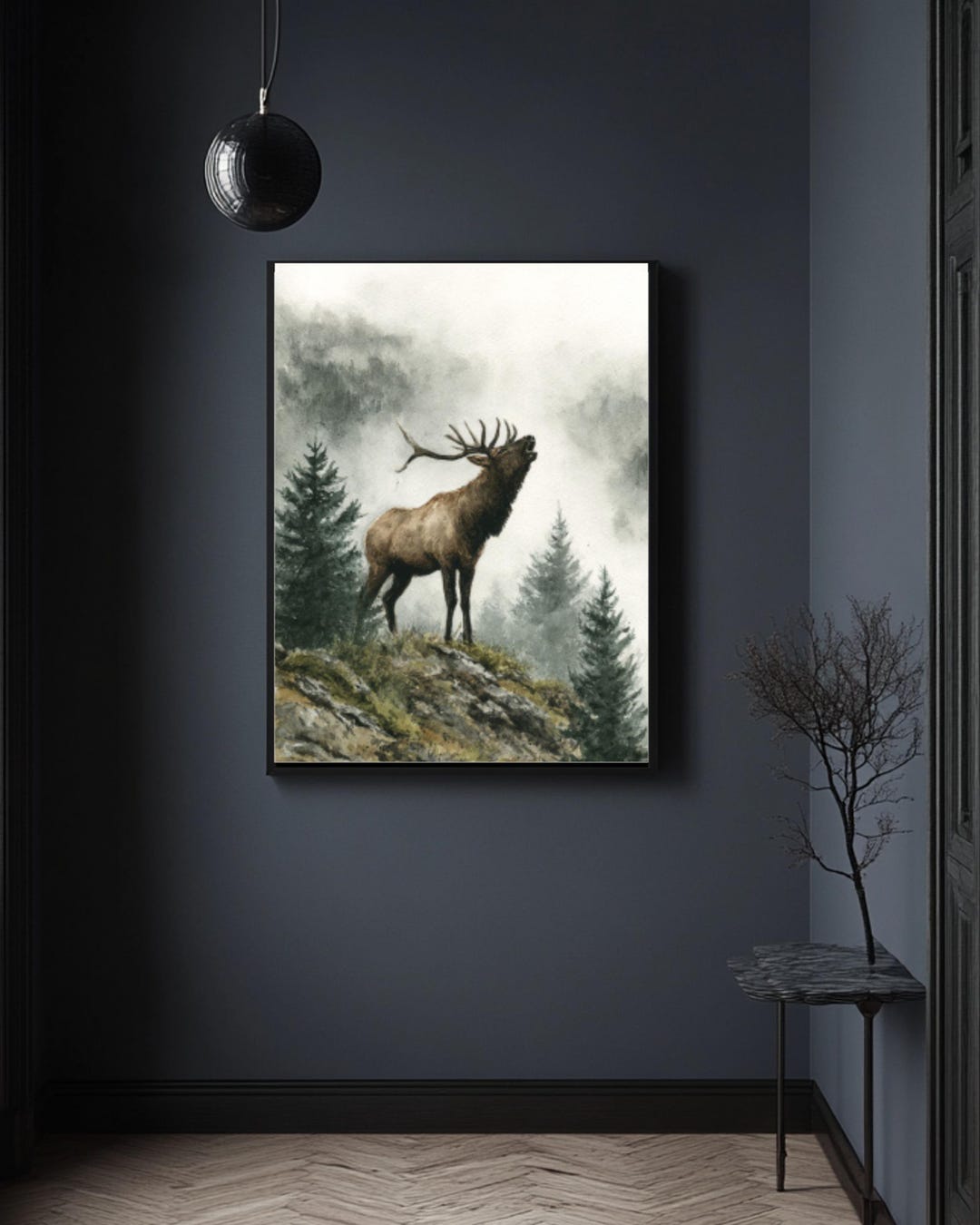 Roaring Elk Watercolor Painting, Mountain Wildlife Art, Misty Forest ...