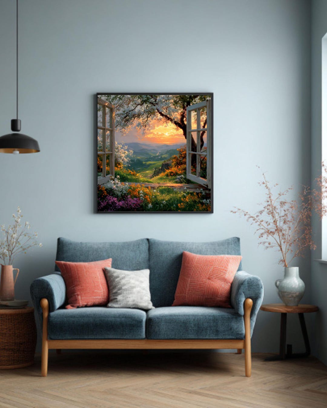 Rustic Open Window Wall Art – Sunset Landscape Painting With Flowers ...