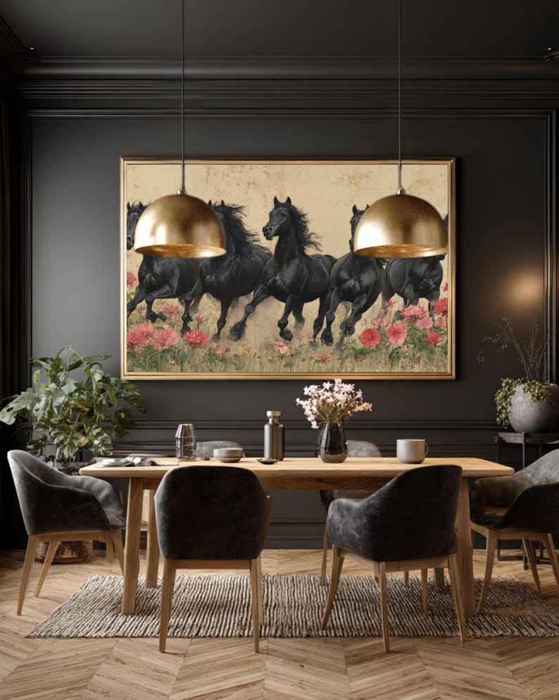 Black Horses Running Oil Painting, Floral Field Art, Beige Background ...