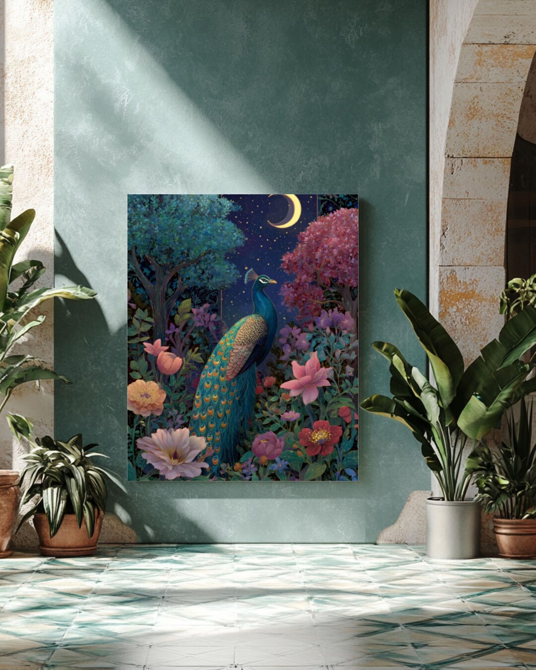 Peacock in Starry Night Print, Sparkling Feathers With Moonlight ...