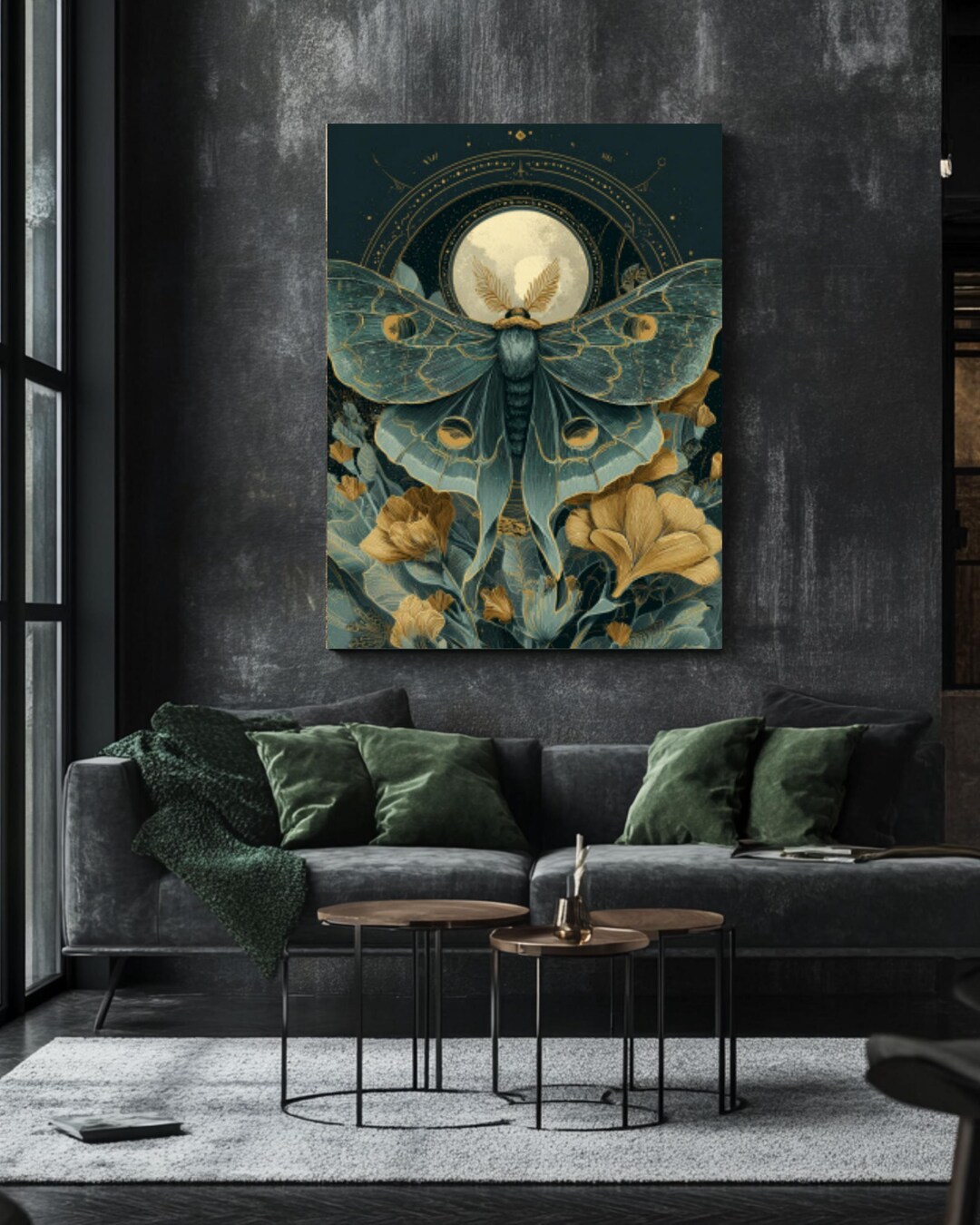Vintage Moth Tarot Wall Art, Luna Moth Poster, Dark Green & Gold ...