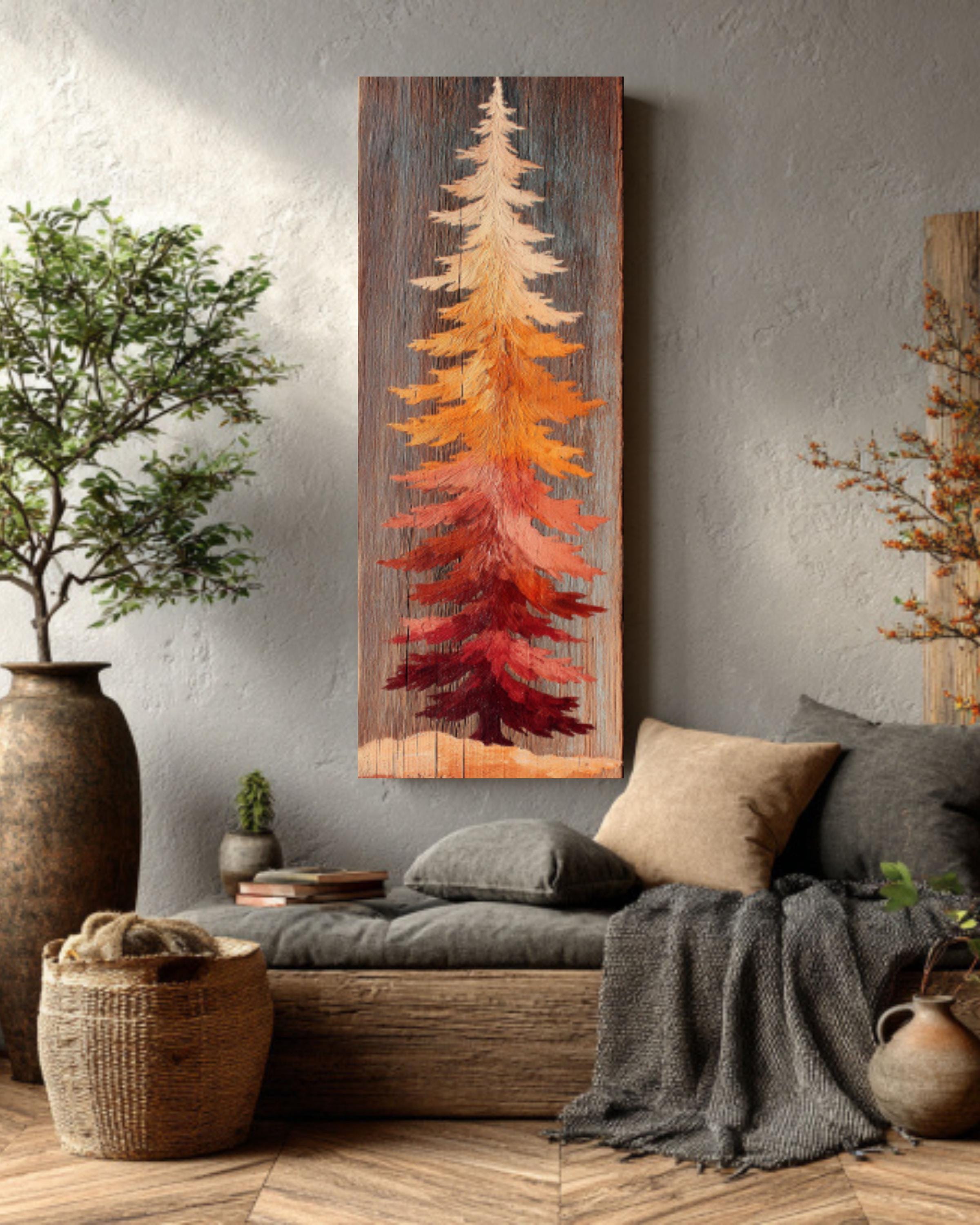 Rustic Pine Tree Painting on Wood Canvas, Warm Tones Woodland Art ...