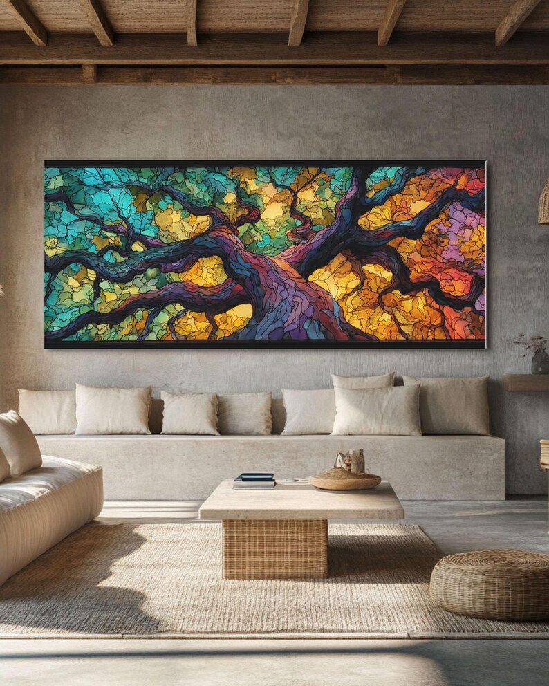 Impasto Oak Tree Stained Glass Canvas, Colorful Branch Art, Rainbow ...
