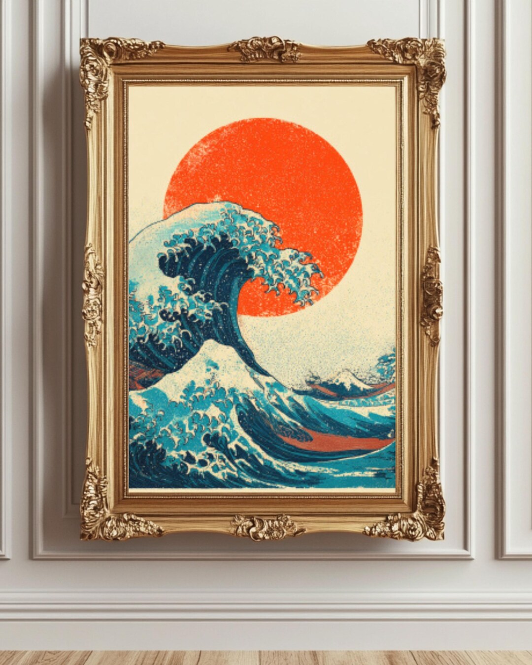 Wave Japanese Print, Hokusai Style Wall Art, Red Sun Kanagawa Poster ...