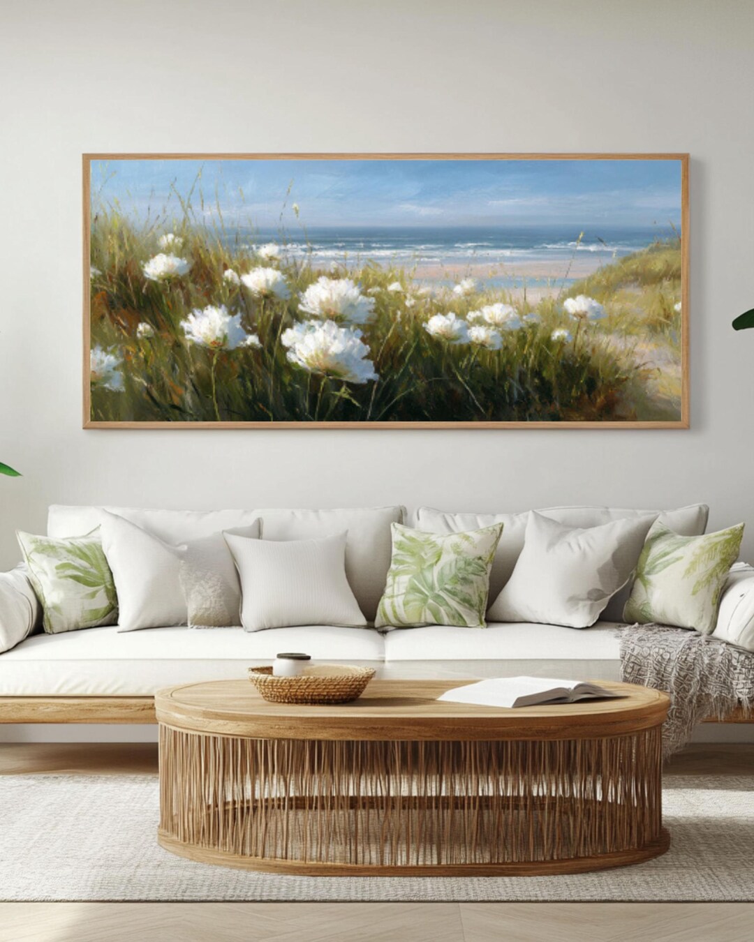 English Beach White Flowers Wall Art, Serene Dunes & Sea Oil Painting ...