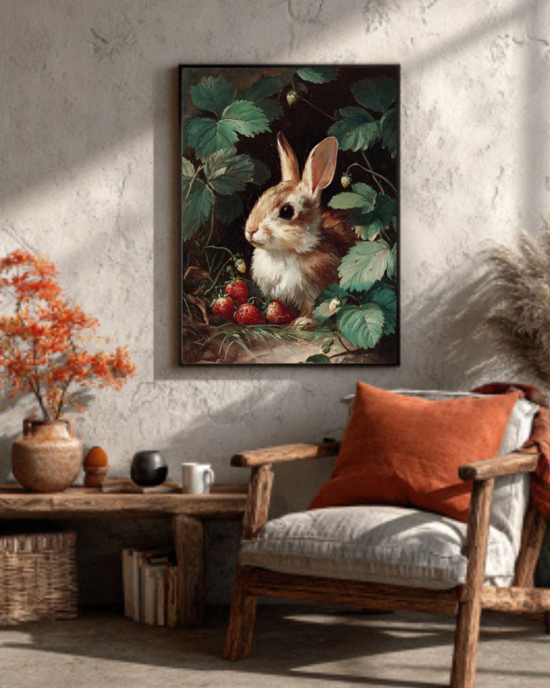 Vintage Bunny Cottagecore Wall Art,rabbit in Woodland With Strawberries ...