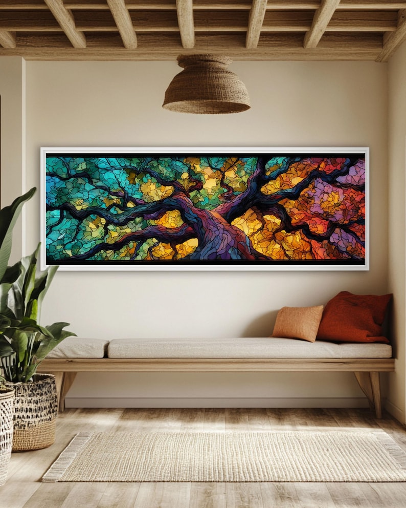 Impasto Oak Tree Stained Glass Canvas, Colorful Branch Art, Rainbow ...