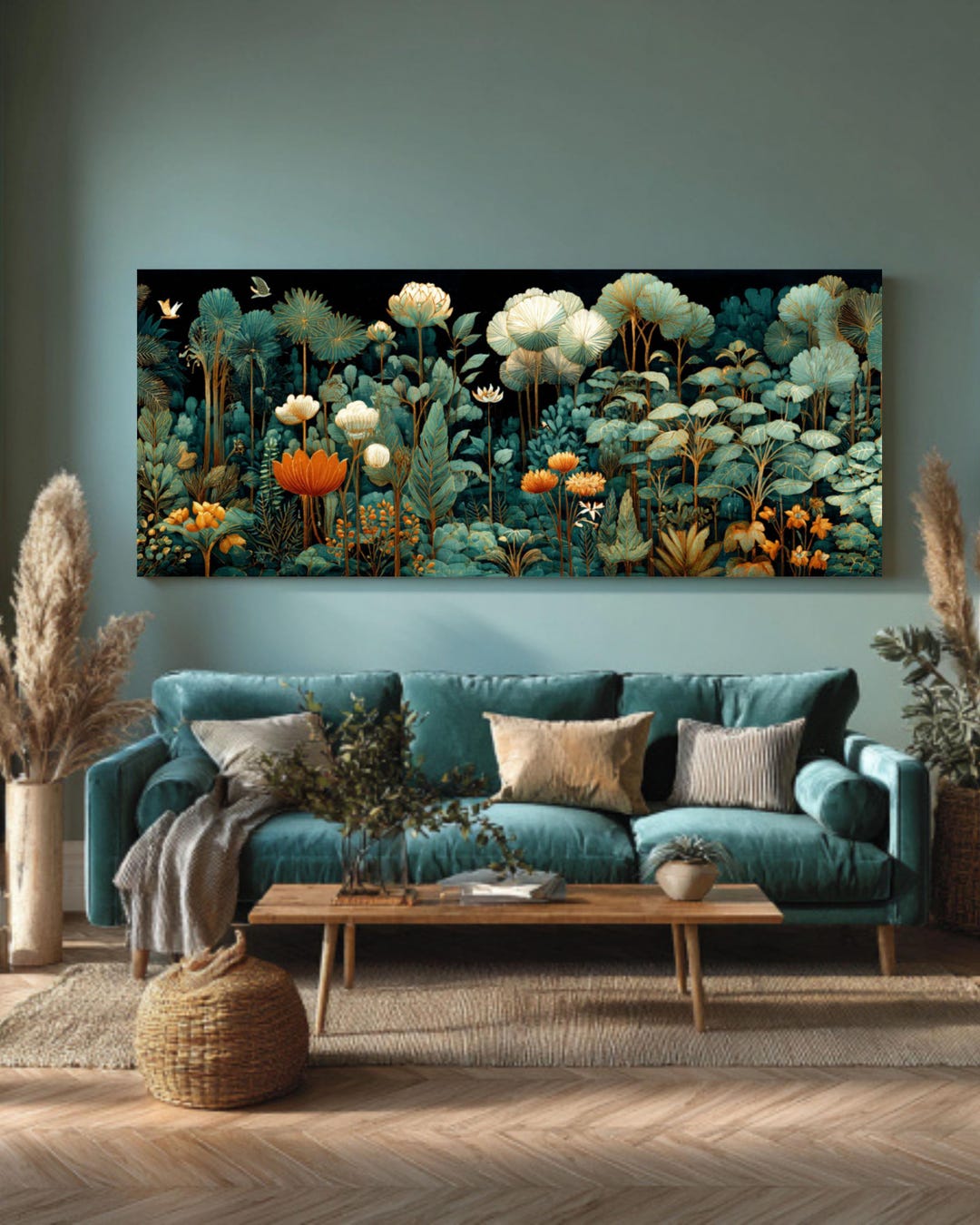 Henri Rousseau Style Jungle Canvas, Dark Green Forest Painting, Gold ...