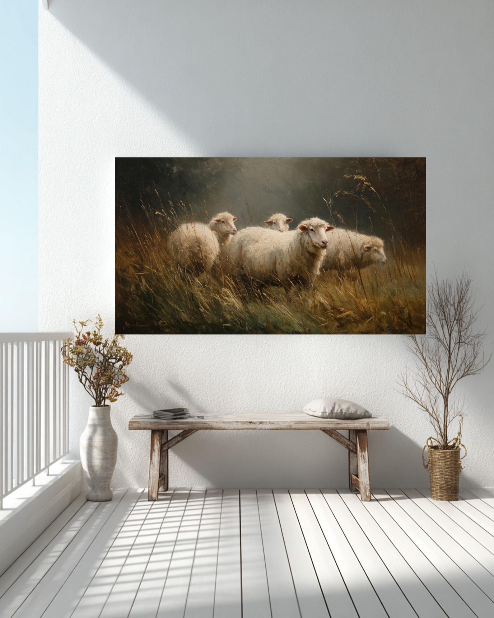 Vintage Sheep Oil Painting Print, Moody Foggy Pasture Scene in Muted ...