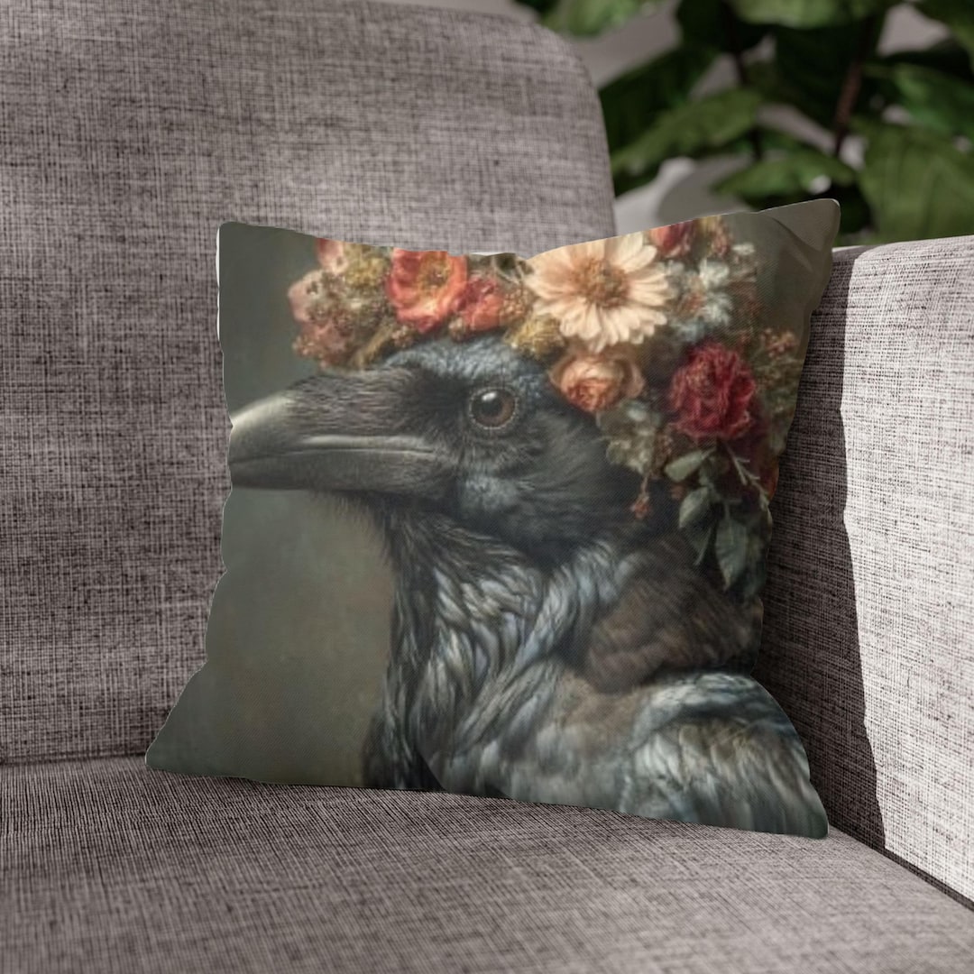 Gothic Raven Throw Pillow – Black Raven With Flower Crown, Jean ...