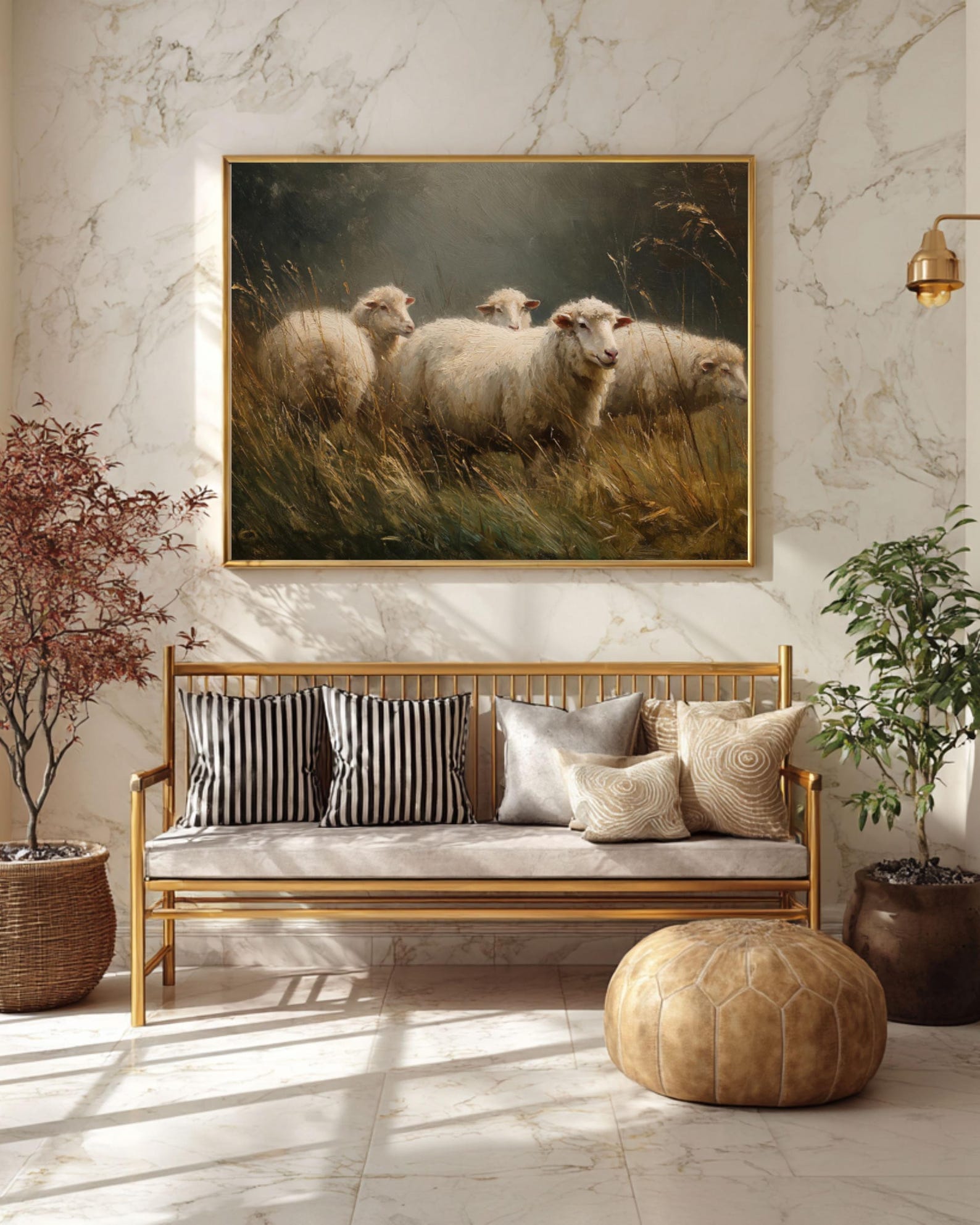 Vintage Sheep Oil Painting Print, Moody Foggy Pasture Scene in Muted ...