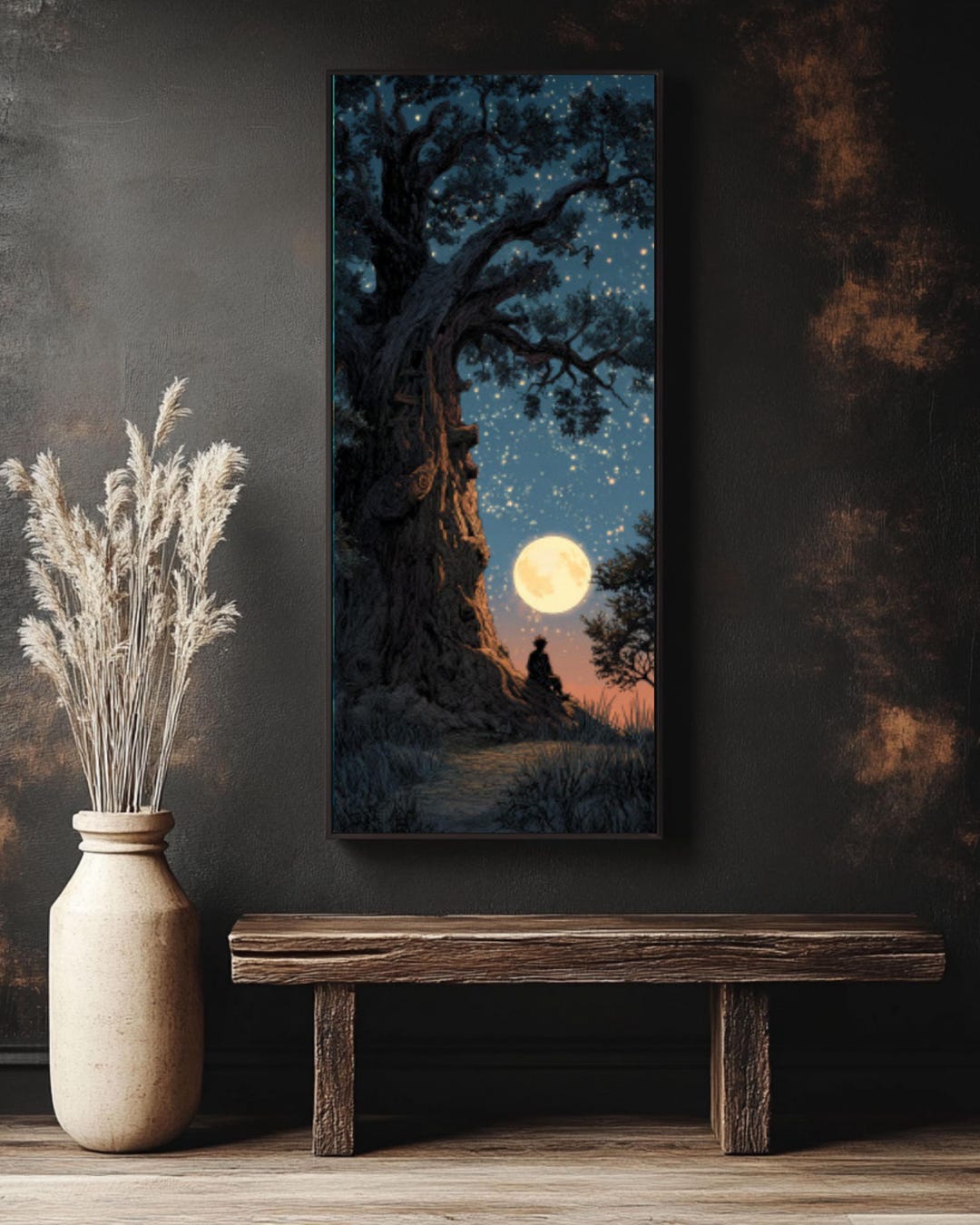 Mystical Tree Moon Art Print, Starry Night With Full Moon & Elderly ...