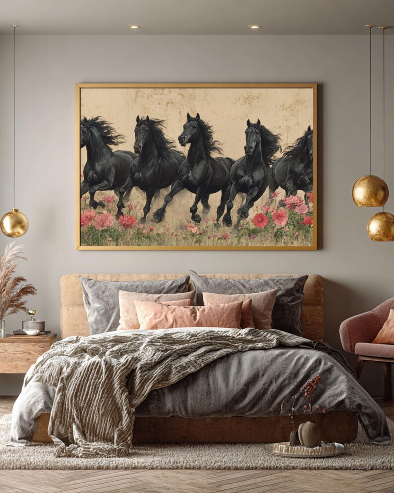 Black Horses Running Oil Painting, Floral Field Art, Beige Background ...