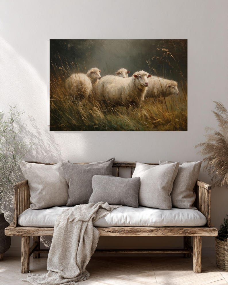 Vintage Sheep Oil Painting Print, Moody Foggy Pasture Scene in Muted ...