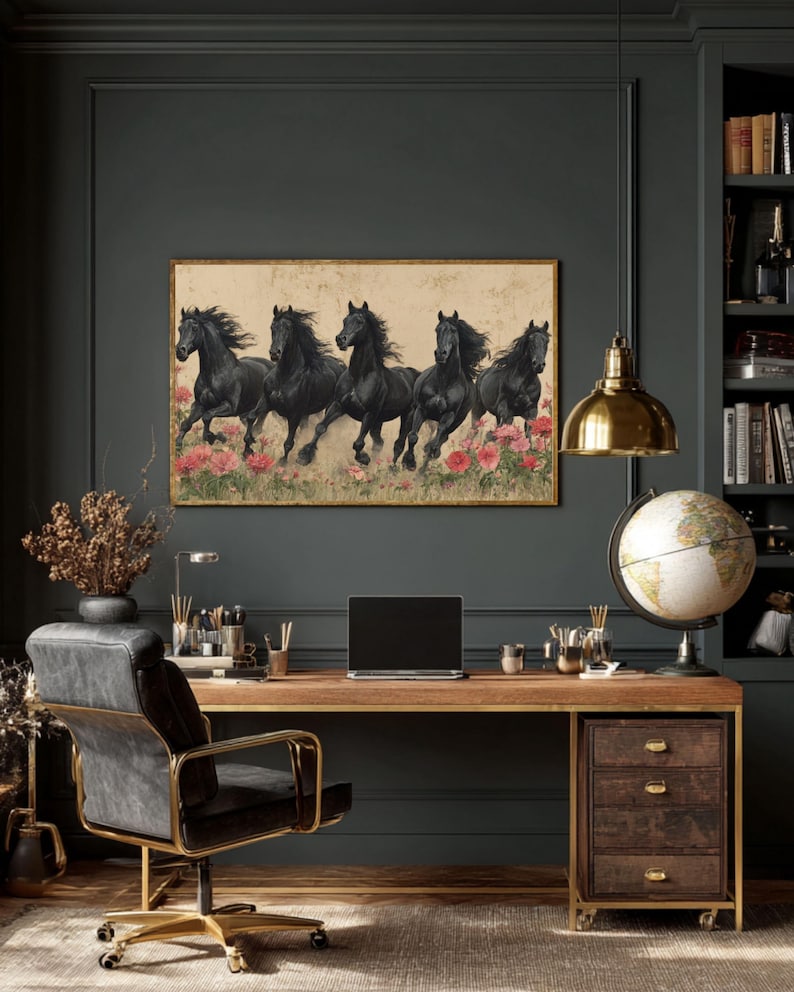 Black Horses Running Oil Painting, Floral Field Art, Beige Background ...